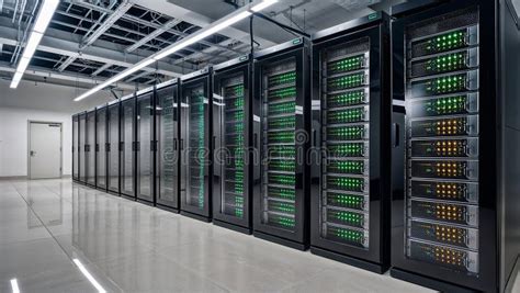 Modern Data Center With Blinking Server Lights Showing Internet Connectivity Stock Illustration