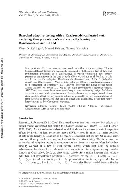 Pdf Branched Adaptive Testing With A Rasch Model Calibrated Test Analysing Item Presentation