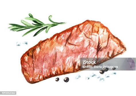 향신료 평면도 구운된 쇠고기 스테이크 흰색 배경에 고립 수채화 손으로 그린 그림 수채화에 대한 스톡 벡터 아트 및 기타 이미지 수채화 소고기 고기 Istock