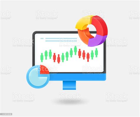 컴퓨터 모니터 및 컬러 차트와 온라인 거래 개념 3d 벡터 분리 일러스트 레이 션 3차원 형태에 대한 스톡 벡터 아트 및 기타