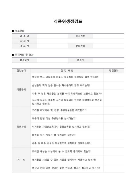 식품위생점검표 비즈폼 샘플 양식 다운로드