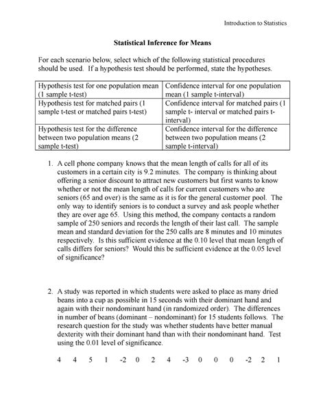 Inference Means Practice Introduction To Statistics Statistical Inference For Means For Each