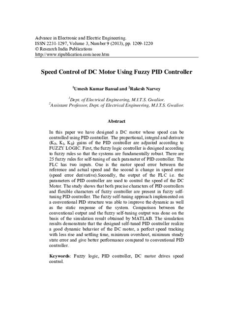 Pdf Speed Control Of Dc Motor Using Fuzzy Pid Controller