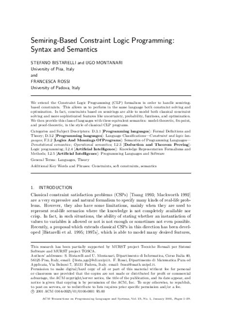 Pdf Semiring Based Constraint Logic Programming Syntax And Semantics