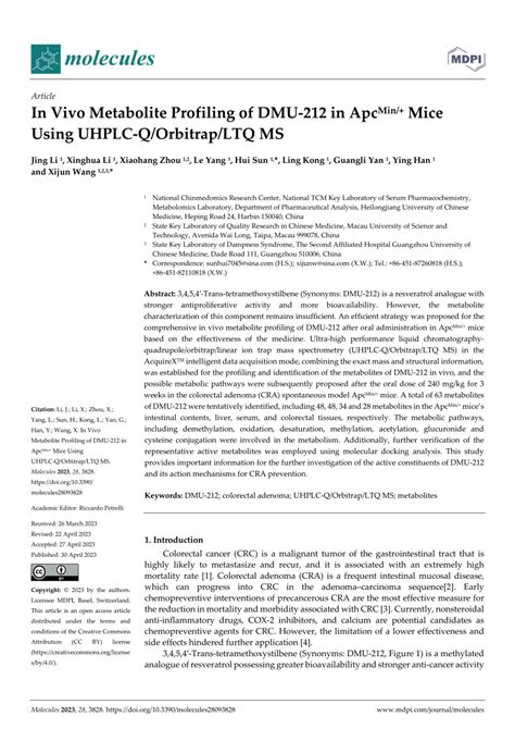 Pdf In Vivo Metabolite Profiling Of Dmu 212 In Apcmin Mice Using