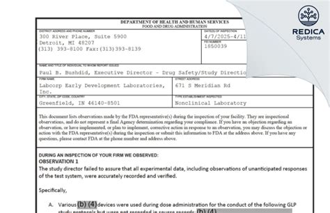 Labcorp Early Development Laboratories Inc Form 483 2025 04 11 Redica Systems Store