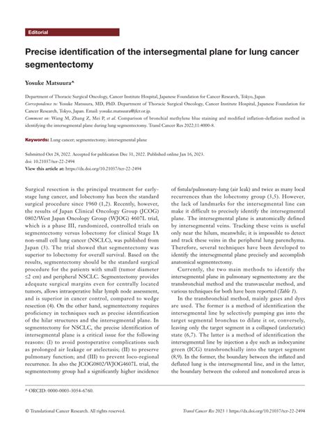Pdf Precise Identification Of The Intersegmental Plane For Lung Cancer Segmentectomy