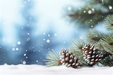 Winter Season With Snow Caps Covered Branches Of Pine Tree In Christmas