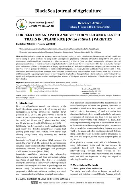Pdf Correlation And Path Analysis For Yield And Related Traits In Upland Rice Oryza Sativa L