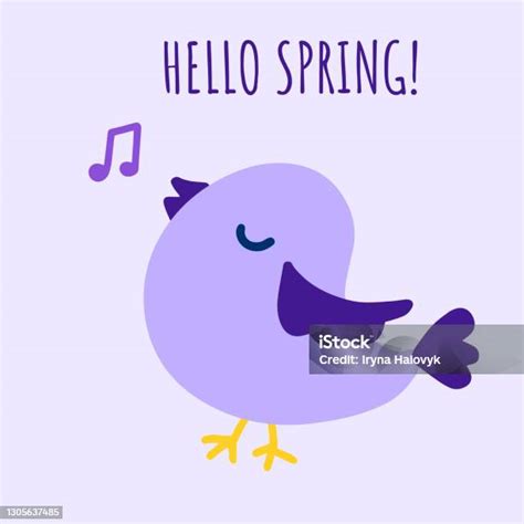 귀여운 새가 노래를 부른다 보라색 색상의 텍스트 안녕하세요 봄엽서 벡터 3월에 대한 스톡 벡터 아트 및 기타 이미지 3월 4월 5월 Istock
