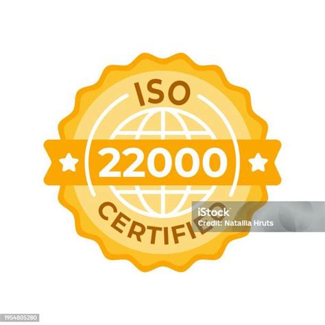 Iso 22000 인증 인감의 벡터 일러스트 레이 션 황금 배지와 별 국제 식품 안전 관리 표준을 대표 1위에 대한 스톡 벡터 아트 및 기타 이미지 Istock