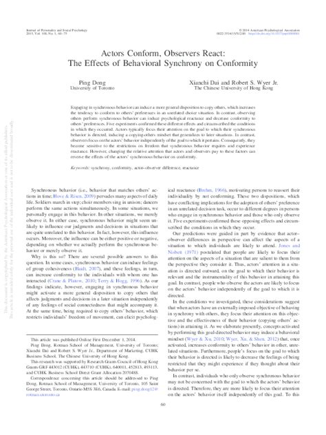 Pdf Actors Conform Observers React The Effects Of Behavioral Synchrony On Conformity
