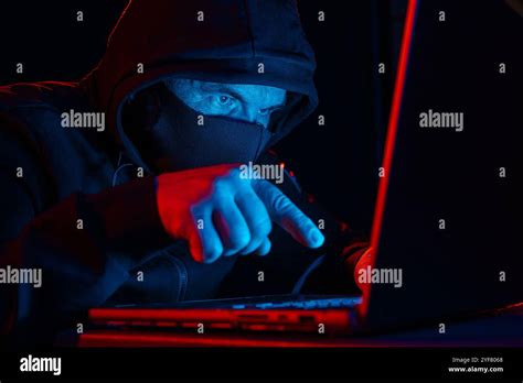 Computer Hacker In Hoodie Obscured Dark Face Hacker Attack Virus