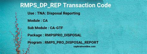 RMPS DP REP SAP Tcode For TNA Disposal Reporting