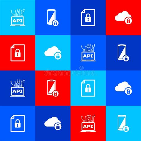 Set Computer Api Interface Smartphone With Lock Document And And Cloud Computing Icon Vector