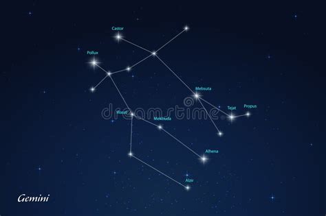 Gemini Constellation With Star Names In Night Sky Stock Vector
