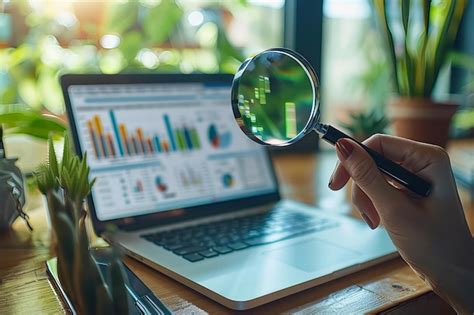 Person Holding Magnifying Glass Over Laptop Screen Premium Ai Generated Image