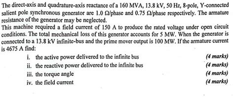 solved the direct axis and quadrature axis reactance of a 160 mva 13 8