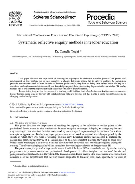 Pdf Systematic Reflective Enquiry Methods In Teacher Education