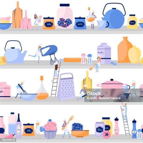 작은 문자와 원활한 패턴은 항아리 요리 팬 음식과 향신료와 거대한 선반에 요리 빵집에 대한 스톡 벡터 아트 및 기타 이미지