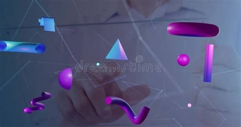 Image Of Geometric Shapes With Connected Dots Midsection Of Caucasian Man Touching Screen Stock