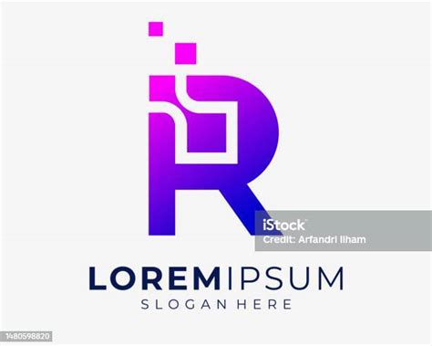 문자 R 디지털 기술 픽셀 입자 데이터 네트워크 인텔리전스 현대 아이콘 벡터 디자인 일러스트 레이 션 가상현실에 대한 스톡 벡터