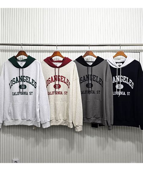 Sale 봄가을후드티 남녀공용 로스앤젤레스 32 배색 캠퍼스 특양면 후드티셔츠 4컬러 에이블리