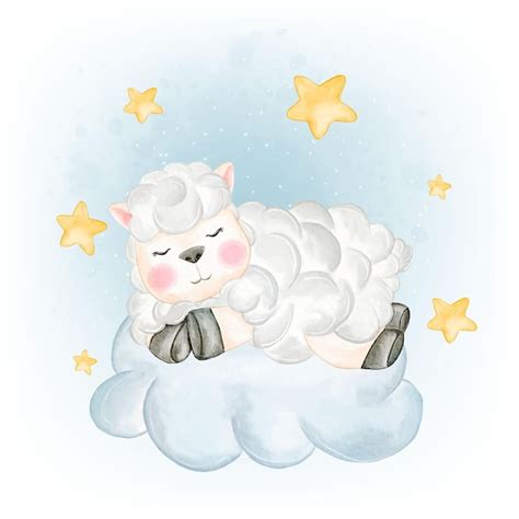 구름 수채화에서 잠자는 귀여운 양 무료 벡터