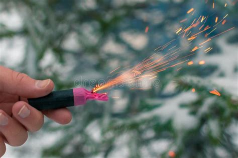 Burning Firecracker in a Hand. Sparks and Smoke of Petard Stock Image - Image of noise, fuse ...