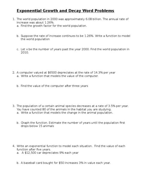 Exponential Growth And Decay Worksheet Printable PDF Template