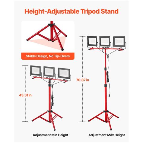 Vevor Work Light Led Tripod Stand 22000 Lumens 3 Head Portable Jobsite
