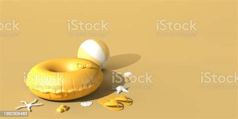 팽창식 해변 장난감 조개 플립 플롭 및 비치 볼이있는 여름 방학 개념 공간을 복사합니다 3d 그림 0명에 대한 스톡 사진 및