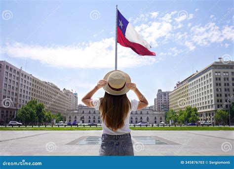 Tourism In Santiago De Chile Self Portrait Of Smiling Traveler Girl On