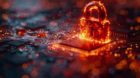 Digital Lock With Glowing Circuits On Computer Motherboard Cybersecurity Concept Stock Image