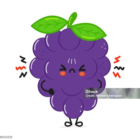 귀여운 화난 포도 캐릭터 벡터 손으로 그린 만화 Kawaii 캐릭터 그림 아이콘입니다 흰색 배경에 격리 슬픈 포도 캐릭터 개념 개념에 대한 스톡 벡터 아트 및 기타 이미지
