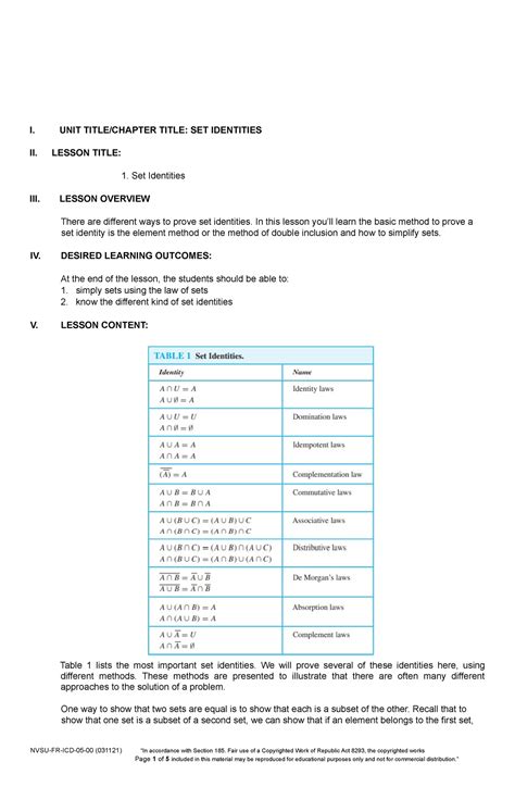 Instructional Module 3 Law Of Algebraic Sets I Unit Title Chapter Title Set Identities Ii
