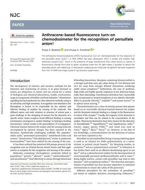 Pdf Anthracene Based Fluorescence Turn On Chemodosimeter For The Recognition Of Persulfate Anion
