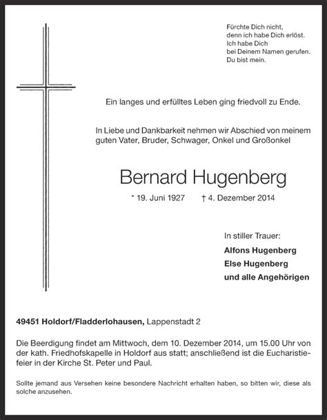 Traueranzeigen Von Bernard Hugenberg Om Trauerde