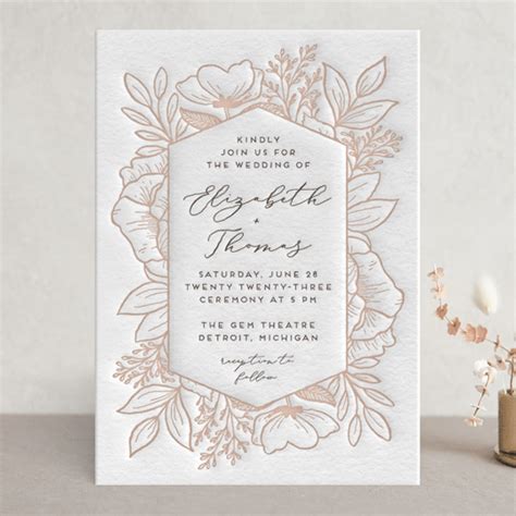 Fresh Flowers Letterpress Wedding Invitations In Graphite Latte
