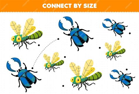 아이들을 위한 교육용 게임은 귀여운 만화 잠자리와 딱정벌레 인쇄 가능한 버그 워크시트의 크기로 연결됩니다 프리미엄 벡터