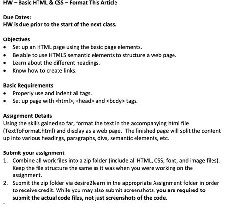 Solved Hw Basic Html And Css Format This Article Due
