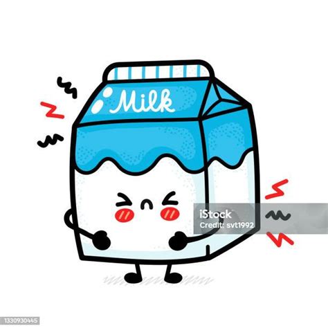 귀여운 재미 슬픈 우유 상자 벡터 핸드 그린 만화 가와이 캐릭터 일러스트 아이콘 흰색 배경에 격리 우유 유제품 상자 낙서 만화 캐릭터 유당 불관용 개념 우유에 대한 스톡