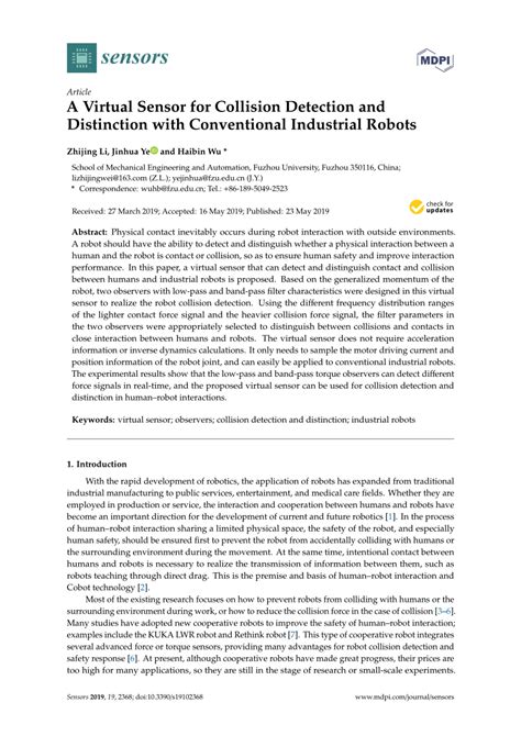 Pdf A Virtual Sensor For Collision Detection And Distinction With Conventional Industrial Robots