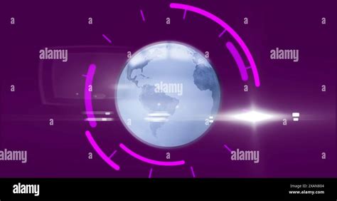 Image Of Globe Over Data Processing And Scope Scanning On Black Background Copy Space Stock