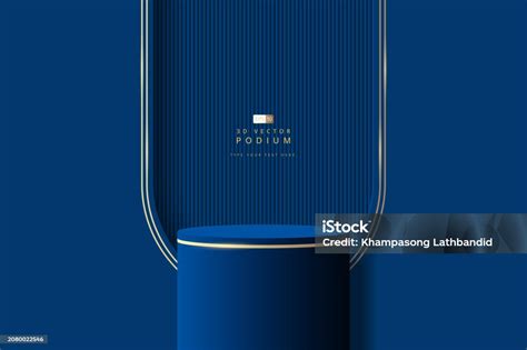 호화스러운 파란 3d 황금 선 실린더 연단 주춧대 현실적 또는 아치 창에 있는 수직 본을 가진 제품 진열대 모형을 위한 최소한의 벽 장면 무대 쇼케이스 3d 벡터 기하학적