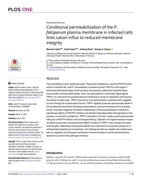 Pdf Conditional Permeabilization Of The P Falciparum Plasma Membrane