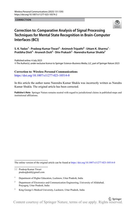 Correction To Comparative Analysis Of Signal Processing Techniques For Mental State Recognition