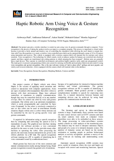 Pdf Haptic Robotic Arm Using Voice And Gesture Recognition