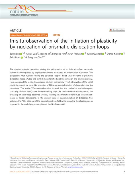 Pdf In Situ Observation Of The Initiation Of Plasticity By Nucleation Of Prismatic Dislocation