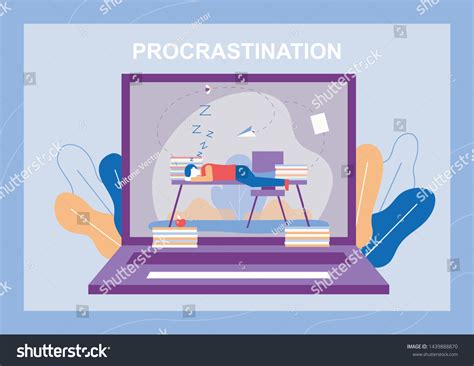 Procrastination Metaphor Banner Bored Sleepy Man Stock Vector Royalty Free